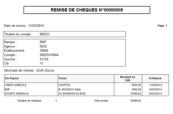 Tableau de bord des Liaisons bancaires : Les bordereaux
