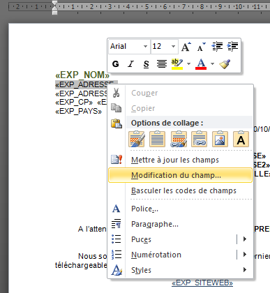 Le modèle d'action Courrier / Word