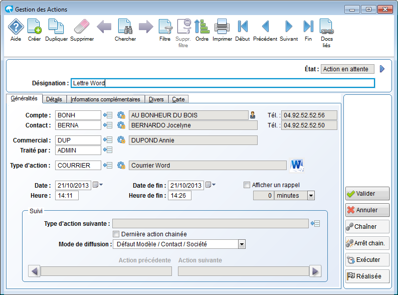 Le modèle d'action Courrier / Word