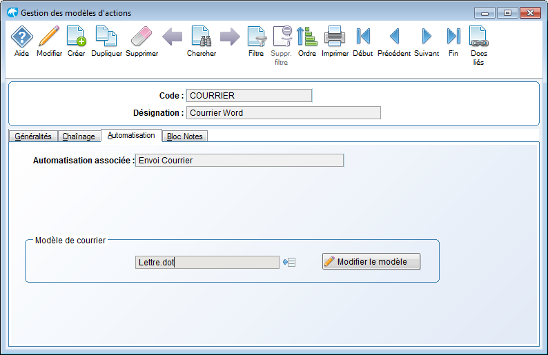 Le modèle d'action Courrier / Word